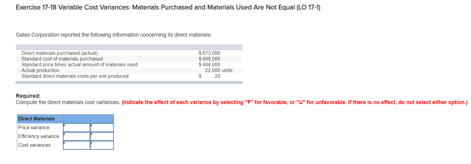 Solved Exercise 17-18 Variable Cost Variances: Materials | Chegg.com