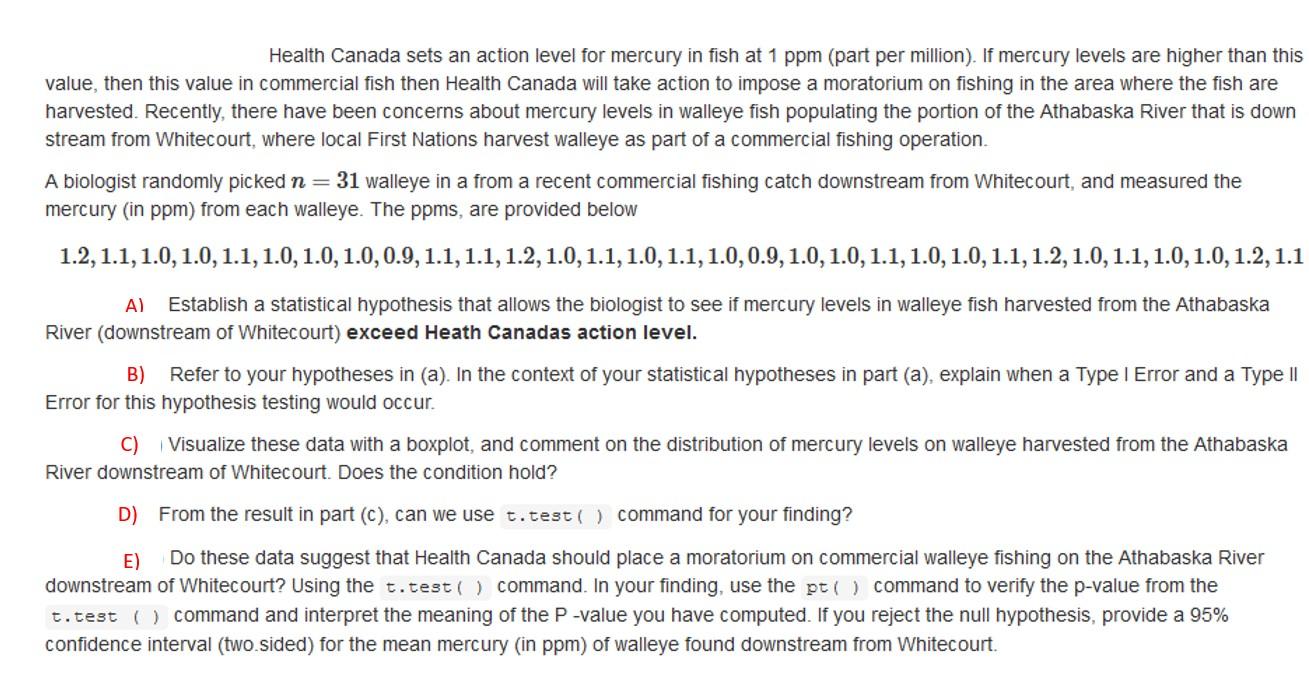 Health Canada sets an action level for mercury in | Chegg.com