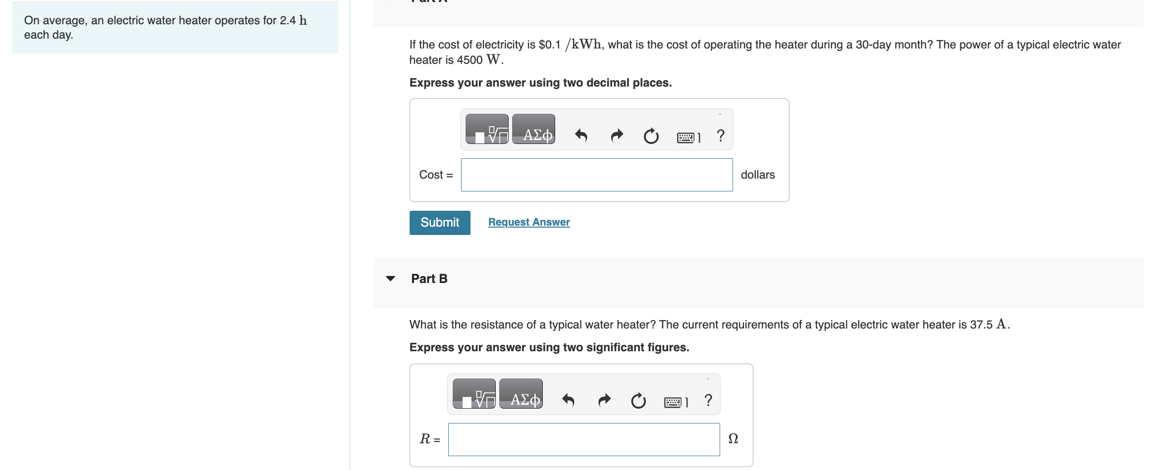 Solved On average, an electric water heater operates for 2.4 | Chegg.com