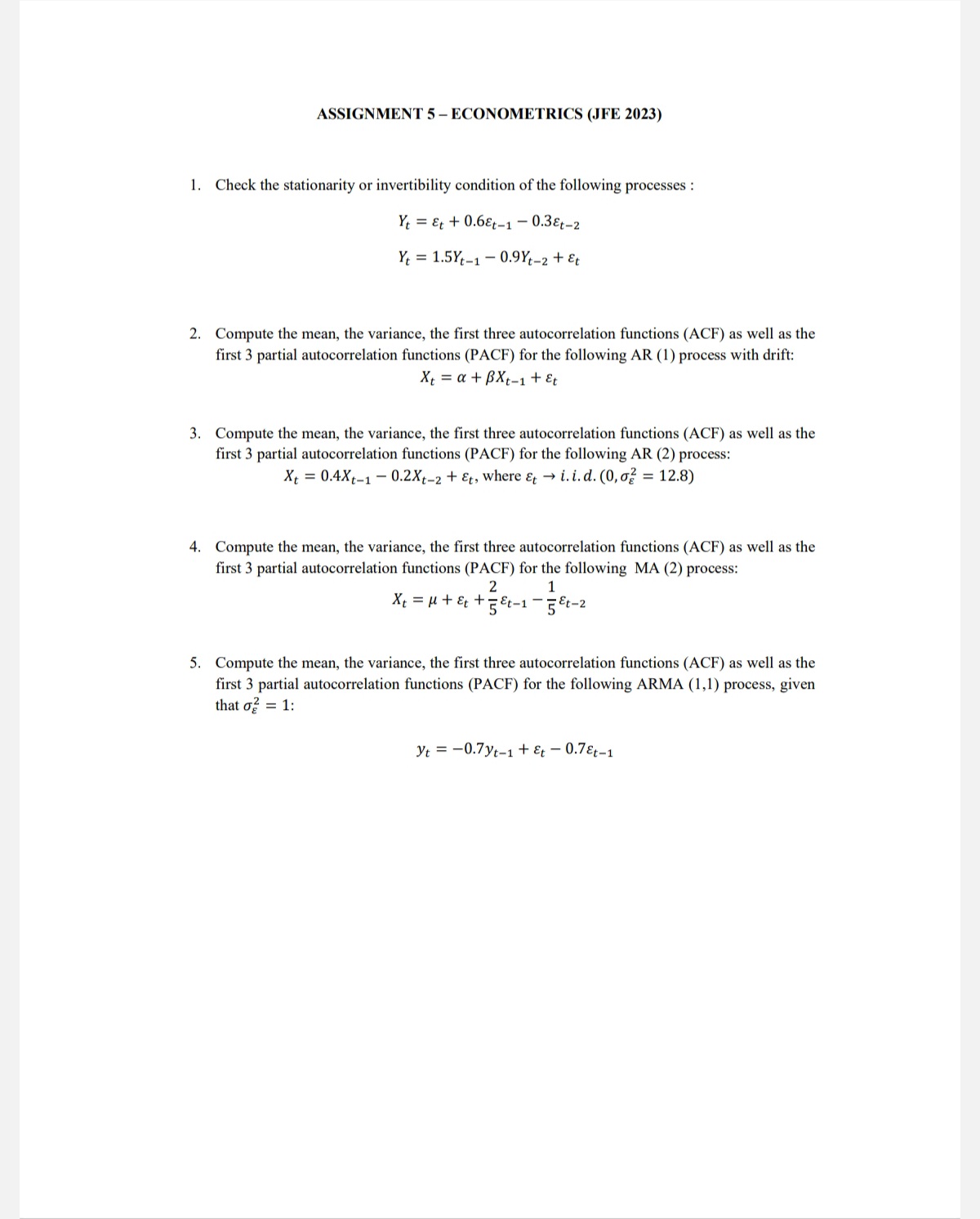 Solved ASSIGNMENT 5 - ECONOMETRICS (JFE 2023) 1. Check the | Chegg.com