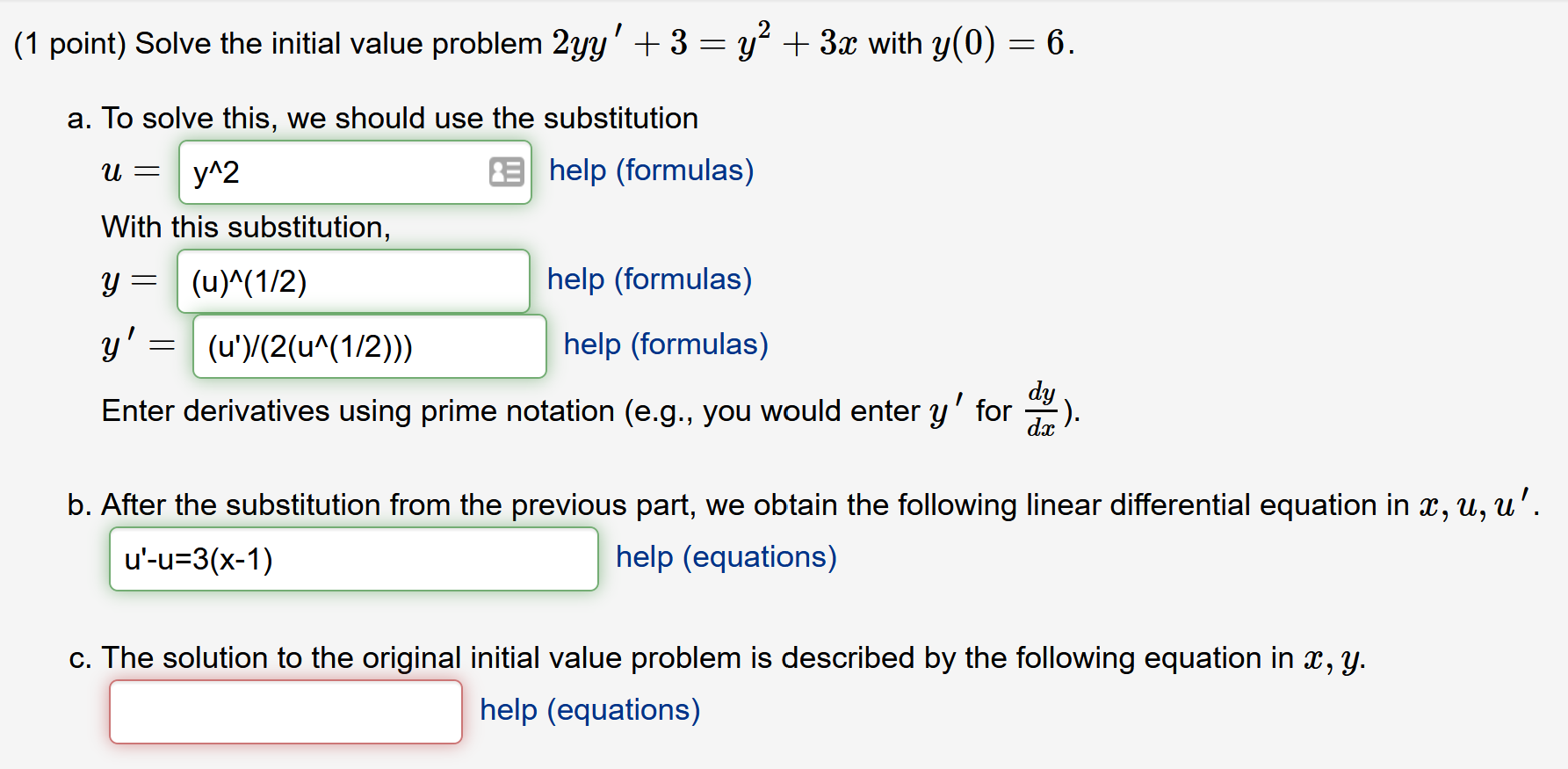 Solved (1 point) Solve the initial value problem 2yy' + 3 = | Chegg.com