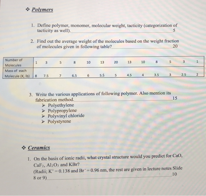 Solved Polymers 1. Define polymer, monomer, molecular | Chegg.com