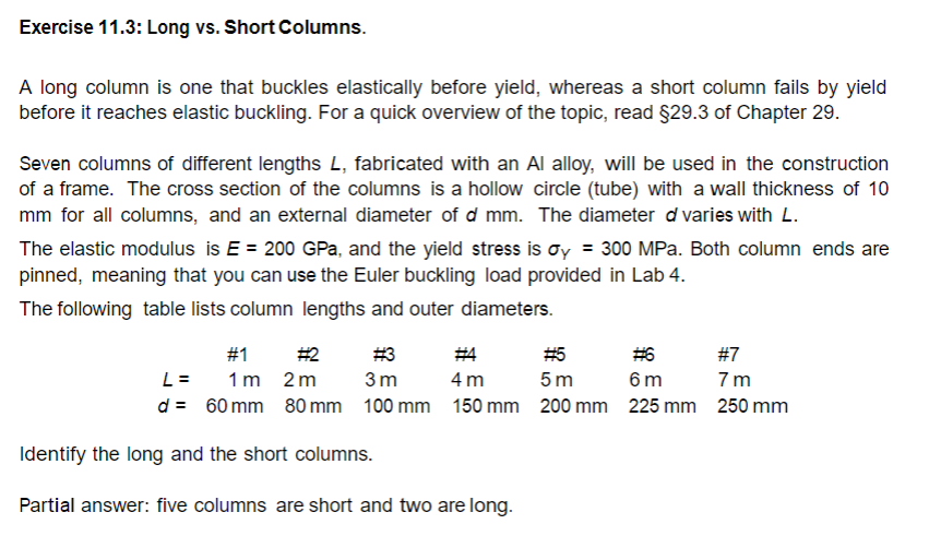 Solved Exercise 11.3: Long vs. Short Columns. A long column | Chegg.com
