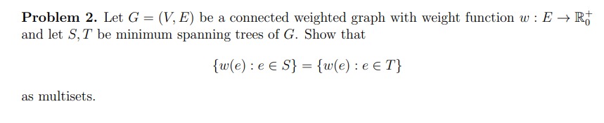 Solved Problem 2. ﻿Let G=(V,E) ﻿be a connected weighted | Chegg.com