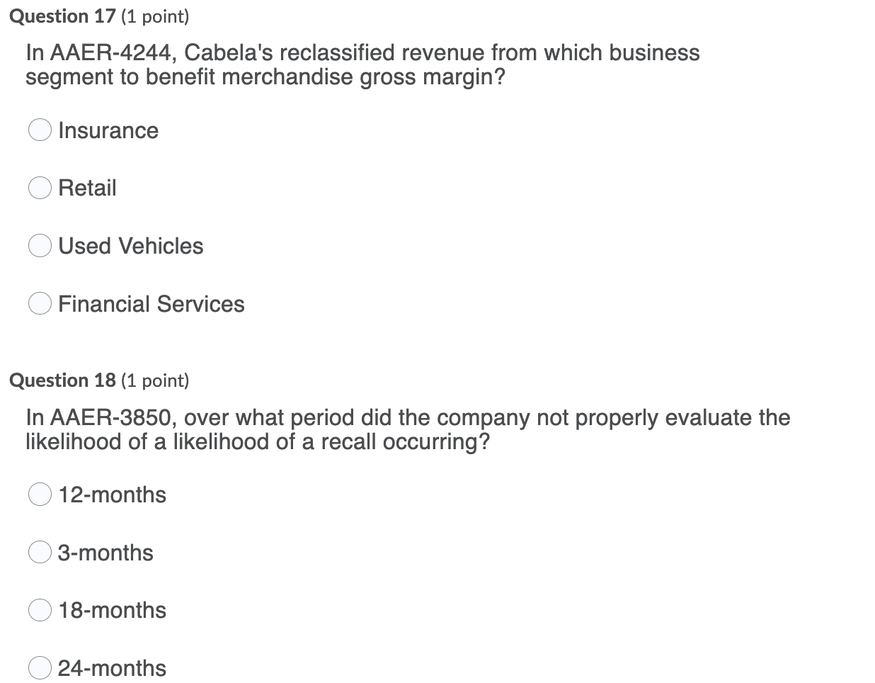 Solved Question 17 (1 point) In AAER-4244, Cabela's | Chegg.com