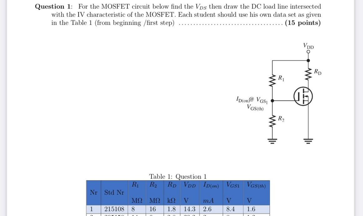 Solved Question 1: For the MOSFET circuit below find the VDS | Chegg.com