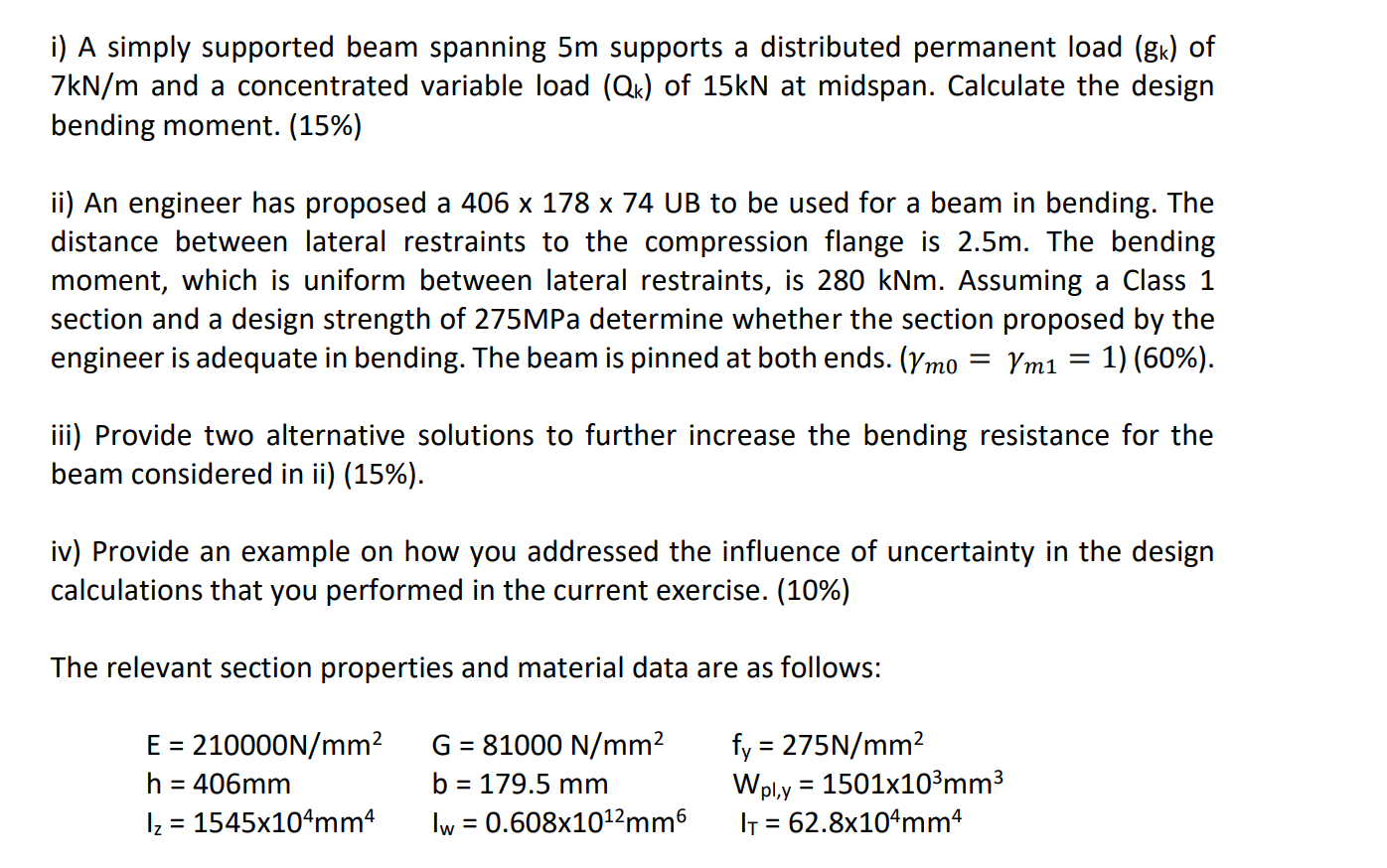 Solved i) A simply supported beam spanning 5 m supports a | Chegg.com