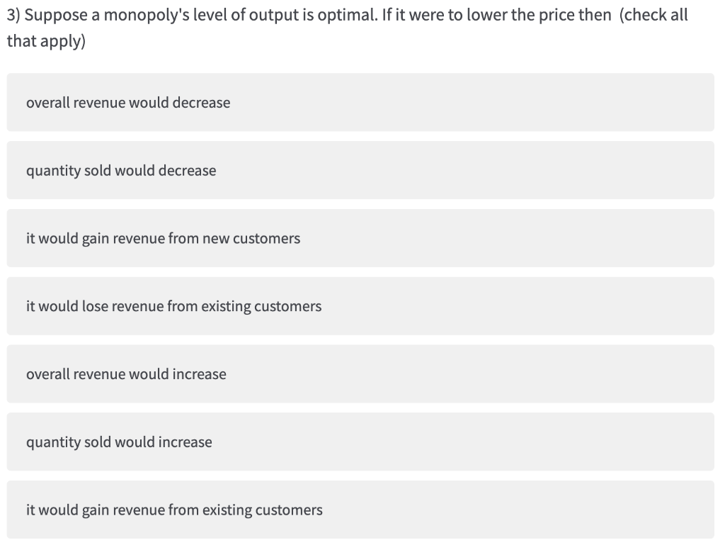 Solved 3) Suppose a monopoly's level of output is optimal. | Chegg.com