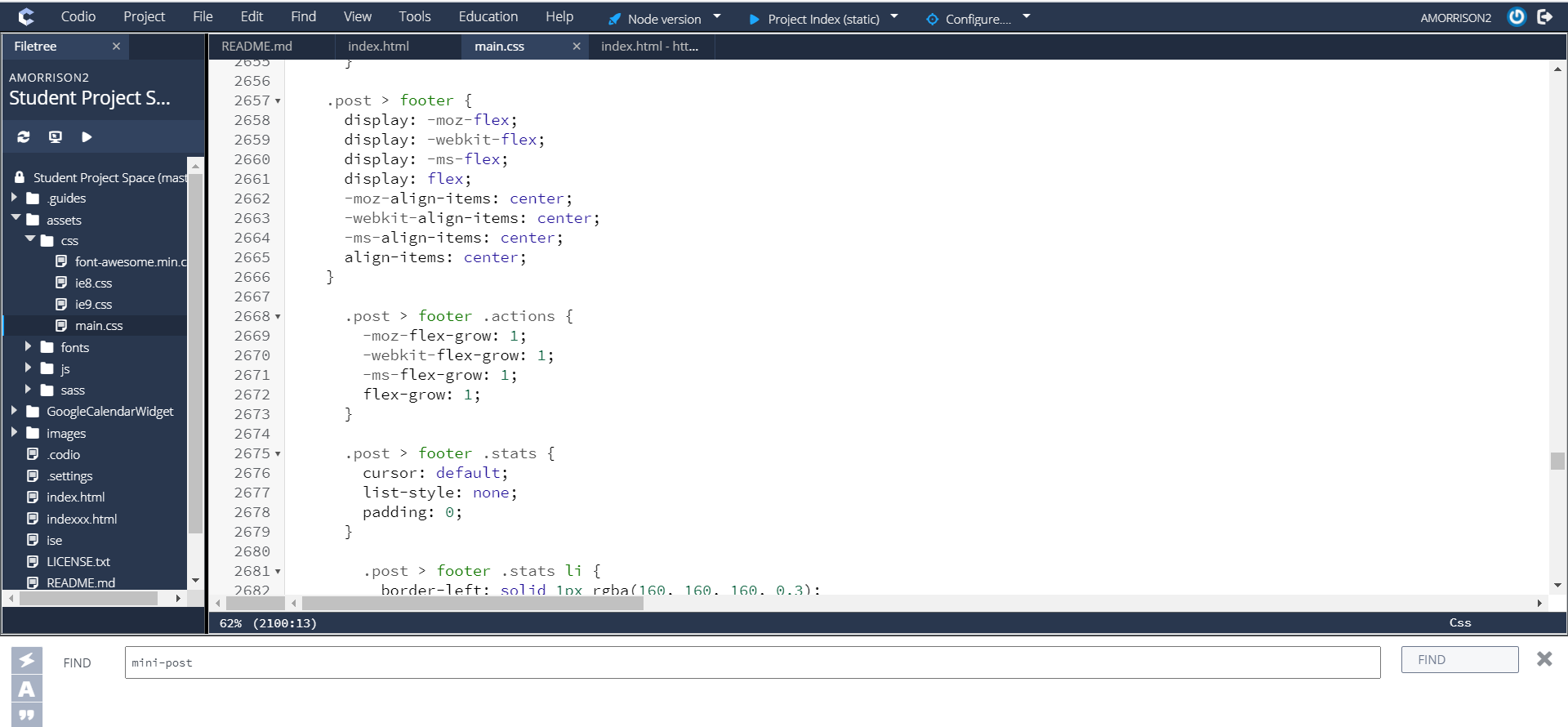 Need assistance modifying css layout in Codio | Chegg.com