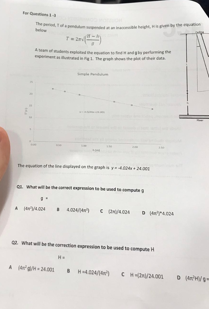 Solved For Questions 1-3 The period, T of a pendulum lum | Chegg.com