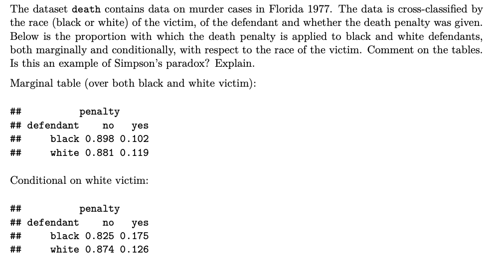 Solved The dataset death contains data on murder cases in | Chegg.com