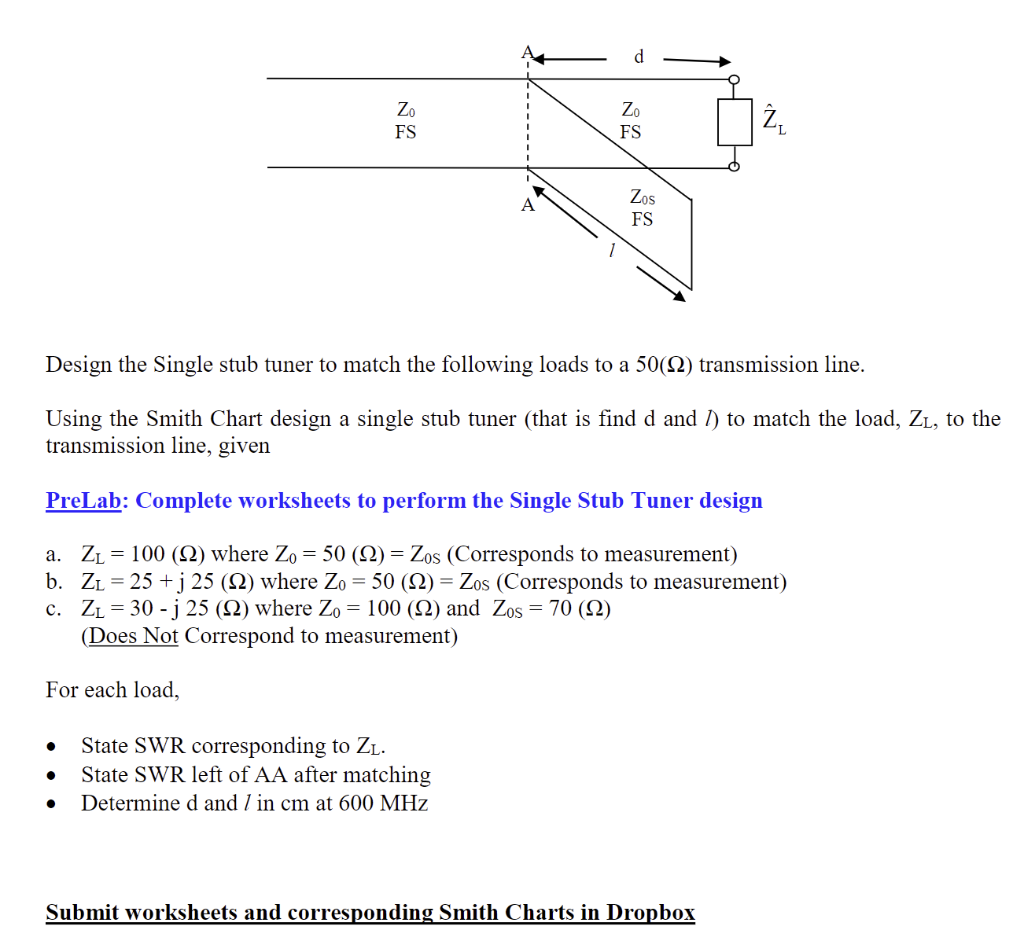 PreLab for Experiment VI - Design of a Single Stub | Chegg.com