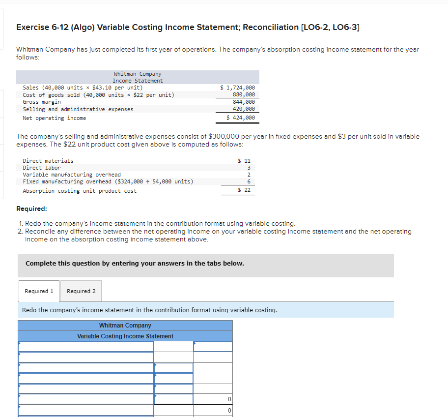 Solved Exercise 6-12 (Algo) Variable Costing Income | Chegg.com