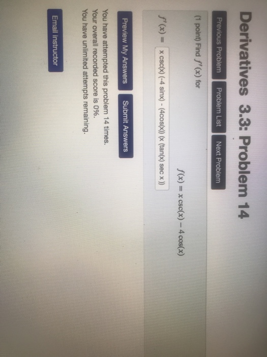 Solved Derivatives 3.3: Problem 4 Previous ProblemProblem | Chegg.com