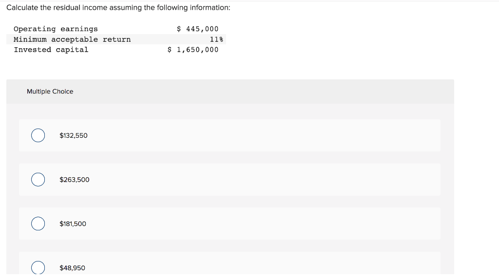 Solved Calculate the residual income assuming the following | Chegg.com