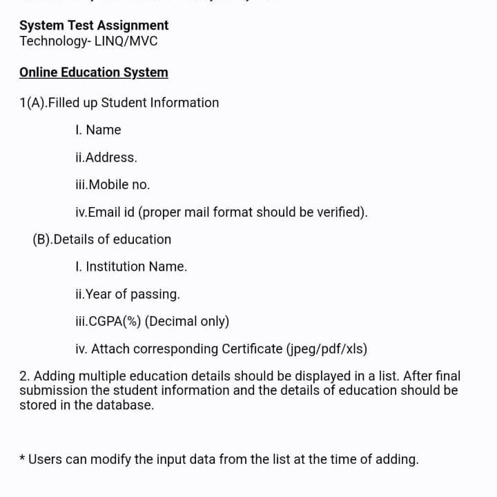 System Test Assignment Technology- LINQ/MVC Online | Chegg.com