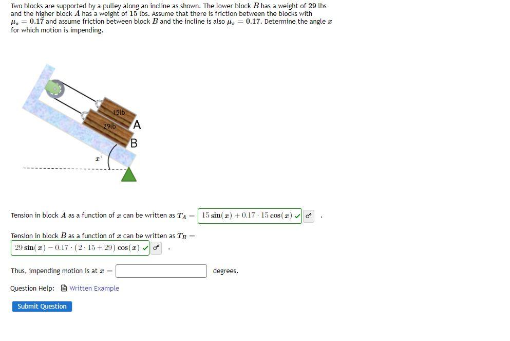 Solved Two blocks are supported by a pulley along an incline | Chegg.com