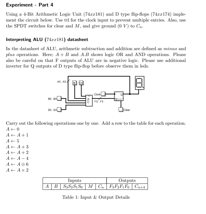 Experiment - Part 4 Using a 4-Bit Arithmetic Logic | Chegg.com