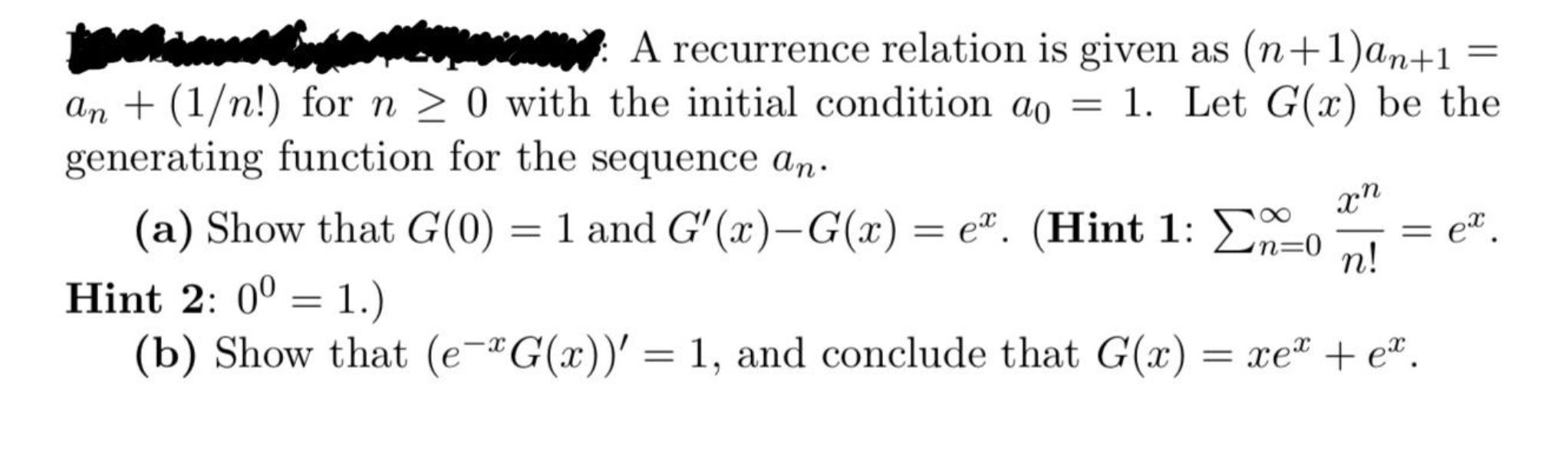 a1+(1/n!) for n>0. A recurrence relation is given as | Chegg.com