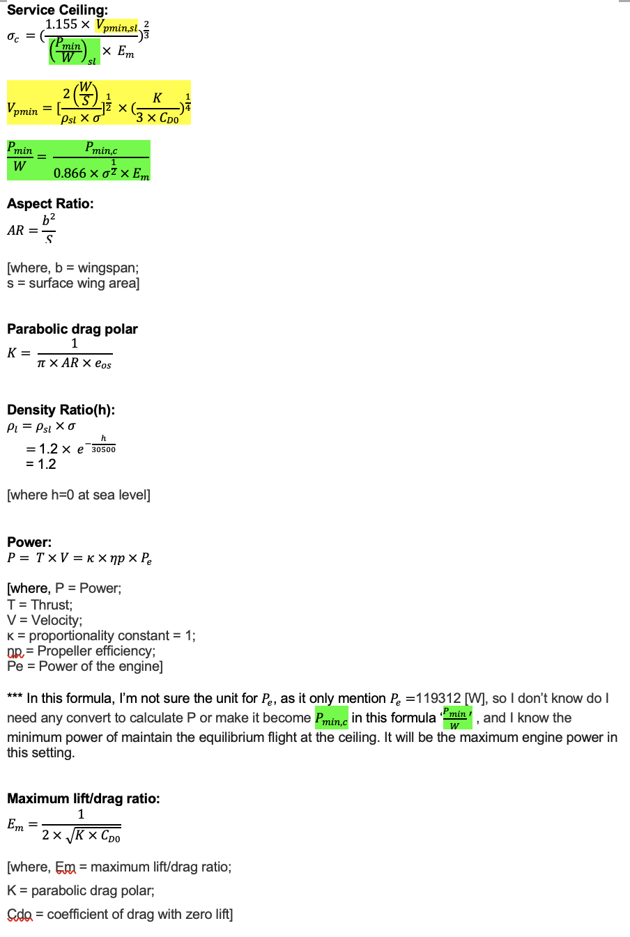 Solved Calculate the basic performance of Service ceiling | Chegg.com