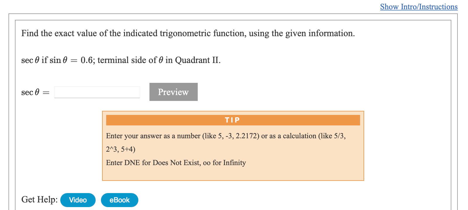 Solved Show Intro/Instructions Find the exact value of the | Chegg.com