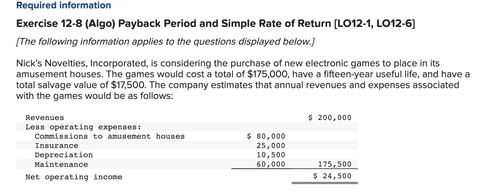 Solved Exercise 12-8 (Algo) Payback Period and Simple Rate | Chegg.com