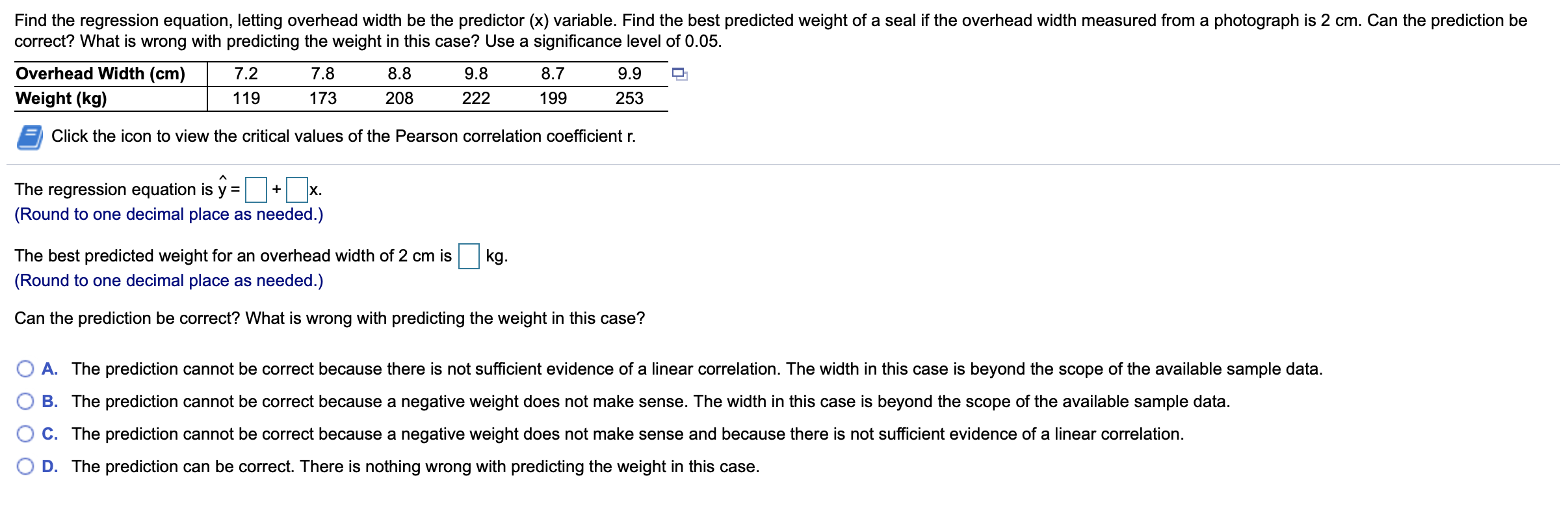 Solved Find the regression equation, letting overhead width | Chegg.com