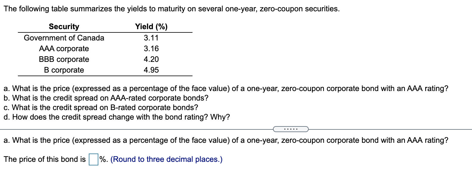 Solved The following table summarizes the yields to maturity | Chegg.com