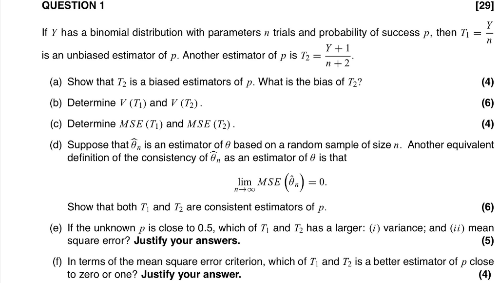 Solved QUESTION 1 [29] If Y has a binomial distribution with | Chegg.com