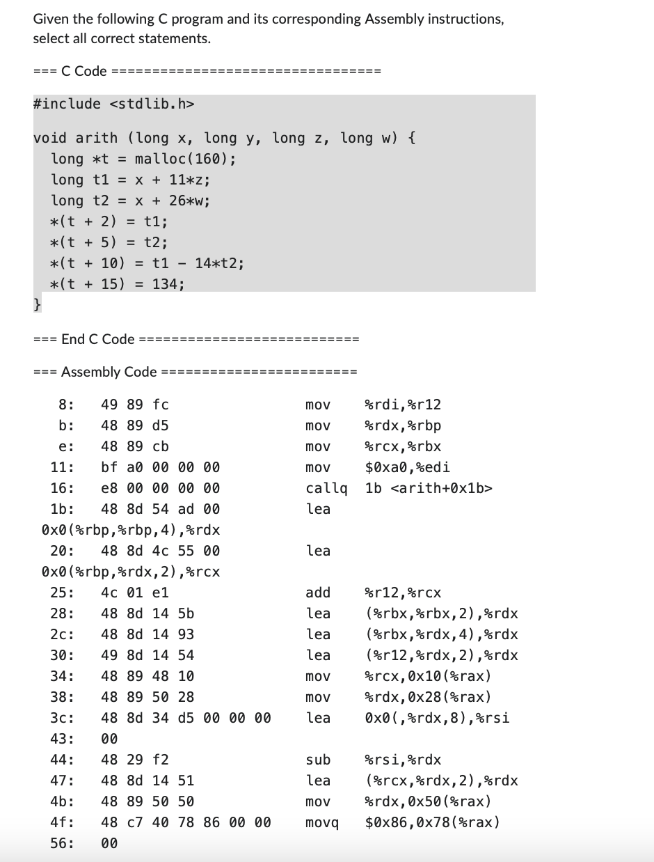 Solved \#include void arith ( long x, long y, long z, long | Chegg.com