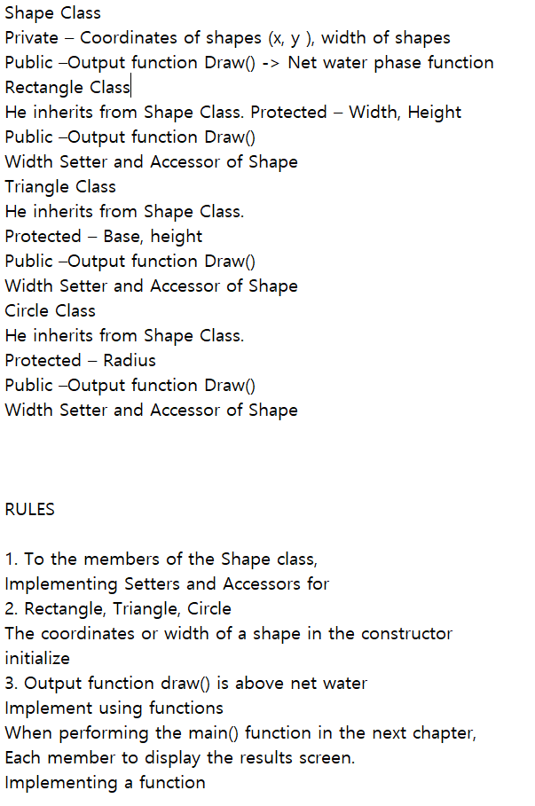 Solved Shape Class Private Coordinates of shapes (x, y), | Chegg.com