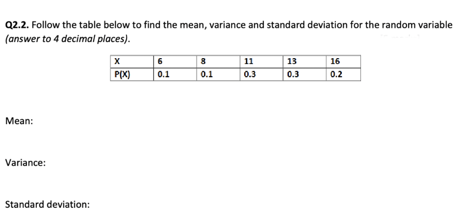 Follow The Table Below To Find The Mean Variance And