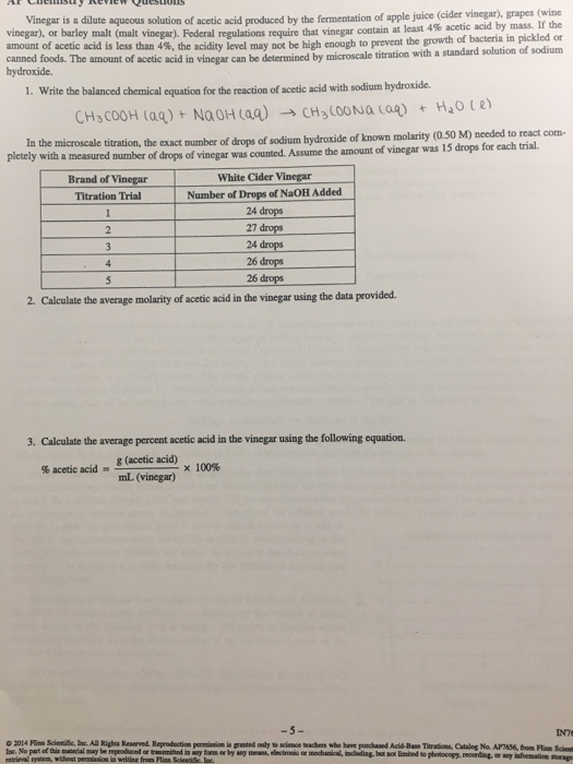 Solved calculate the average molarity of acetic acid in the | Chegg.com
