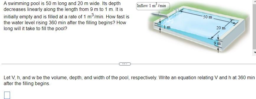 Solved A swimming pool is 50 m long and 20 m wide. Its depth | Chegg.com