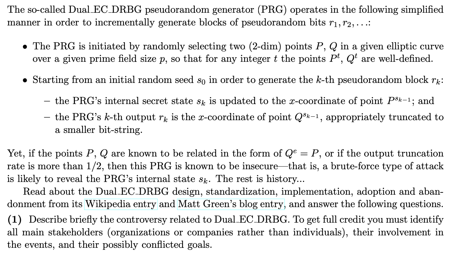 Solved The so-called Dual_EC_DRBG pseudorandom generator | Chegg.com
