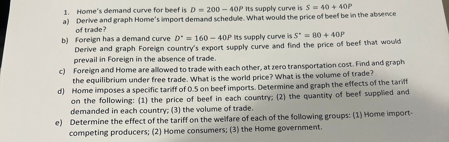 Solved 1. Home's demand curve for beef is D=200−40P Its | Chegg.com