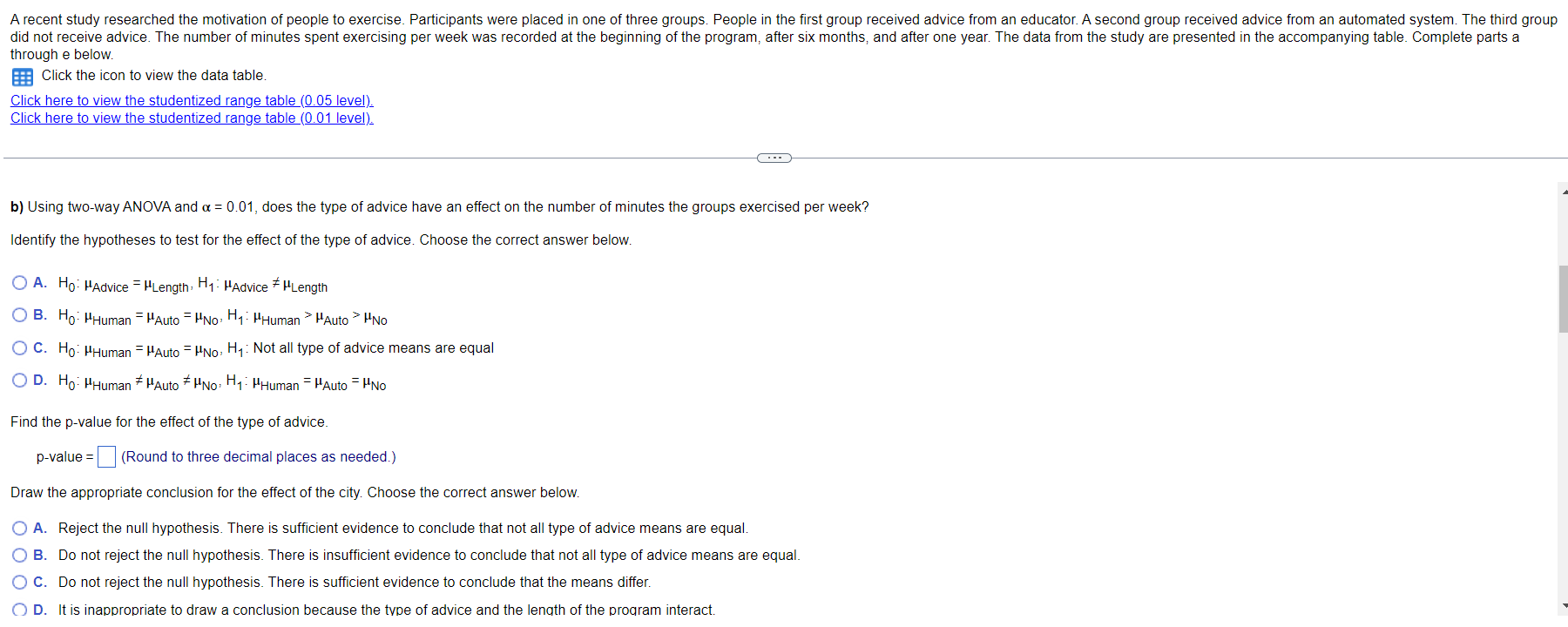 Studentized range table (0.05 level)through e below. | Chegg.com