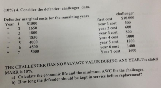 (10%) 4. Consider the defender-challenger data. | Chegg.com