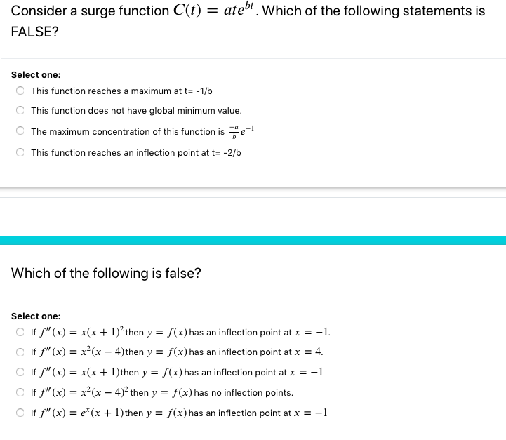 Solved = Consider a surge function C(t) = atebt. Which of | Chegg.com