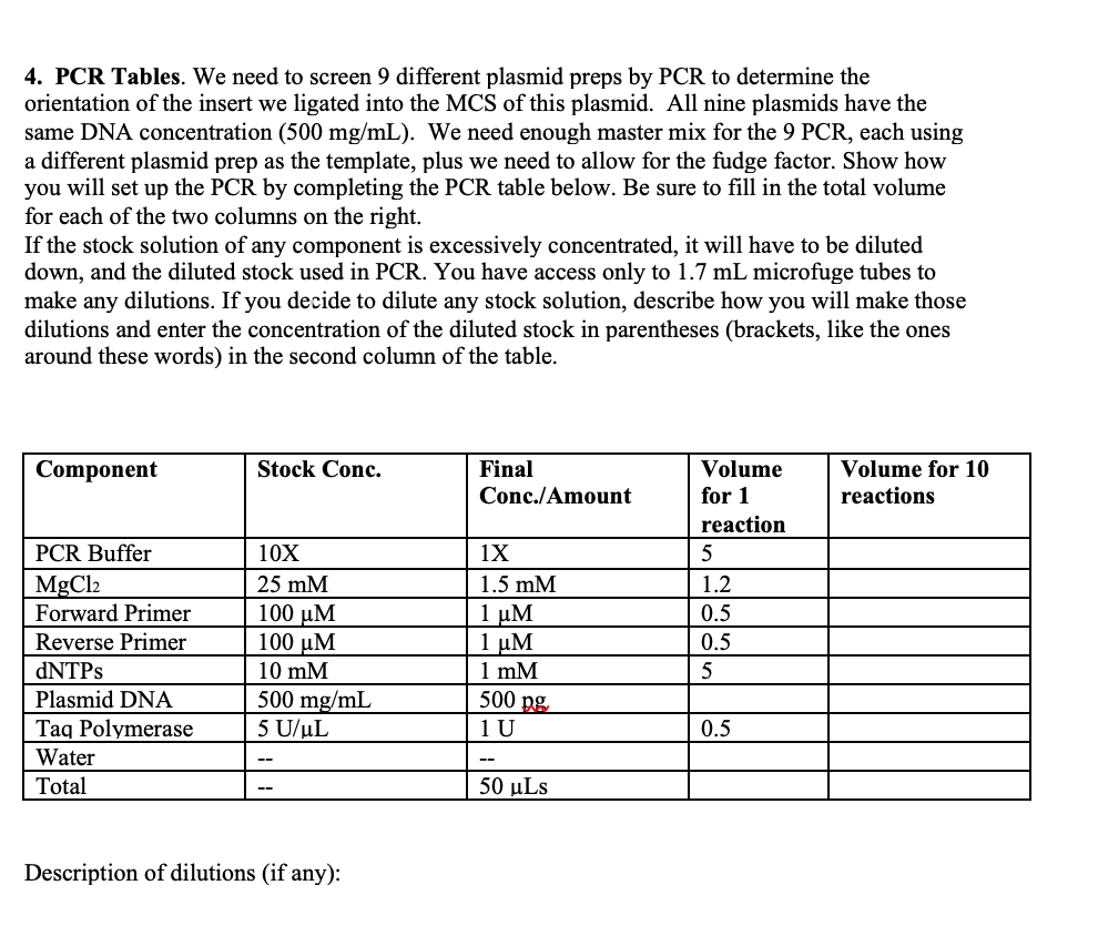4. PCR Tables. We need to screen 9 different plasmid | Chegg.com