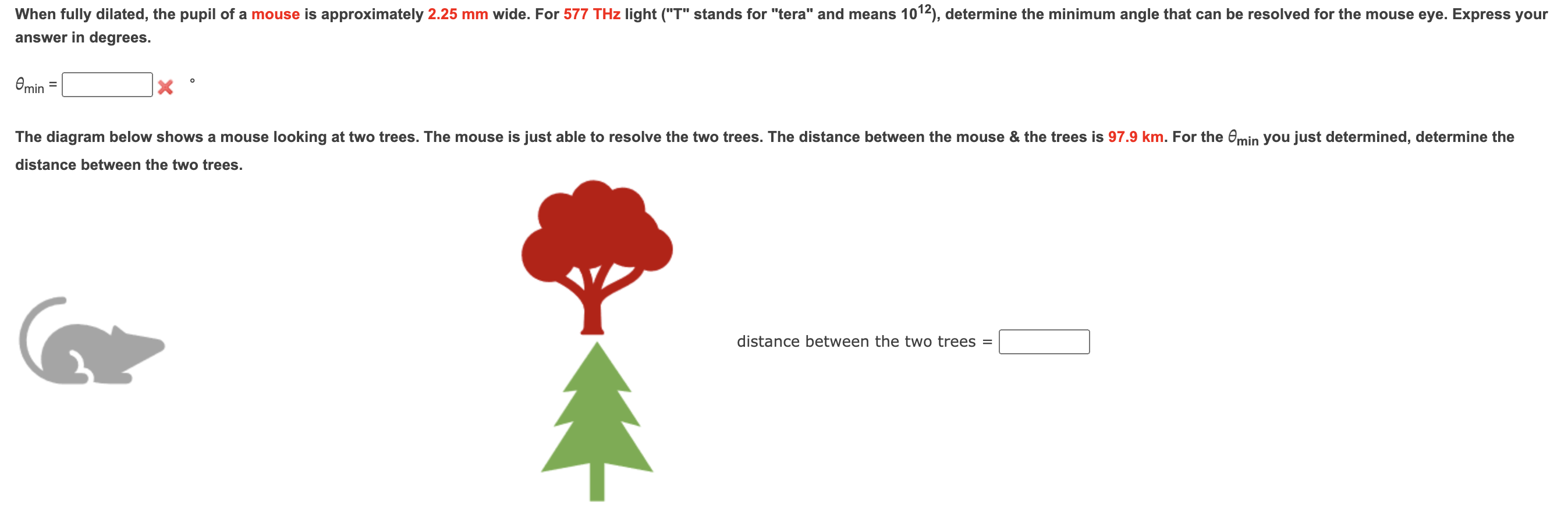 Solved answer in degrees. θmin=∼∘ distance between the two | Chegg.com