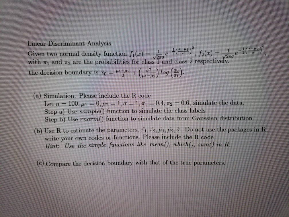 Solved Linear Discriminant Analysis Using R Programming. | Chegg.com