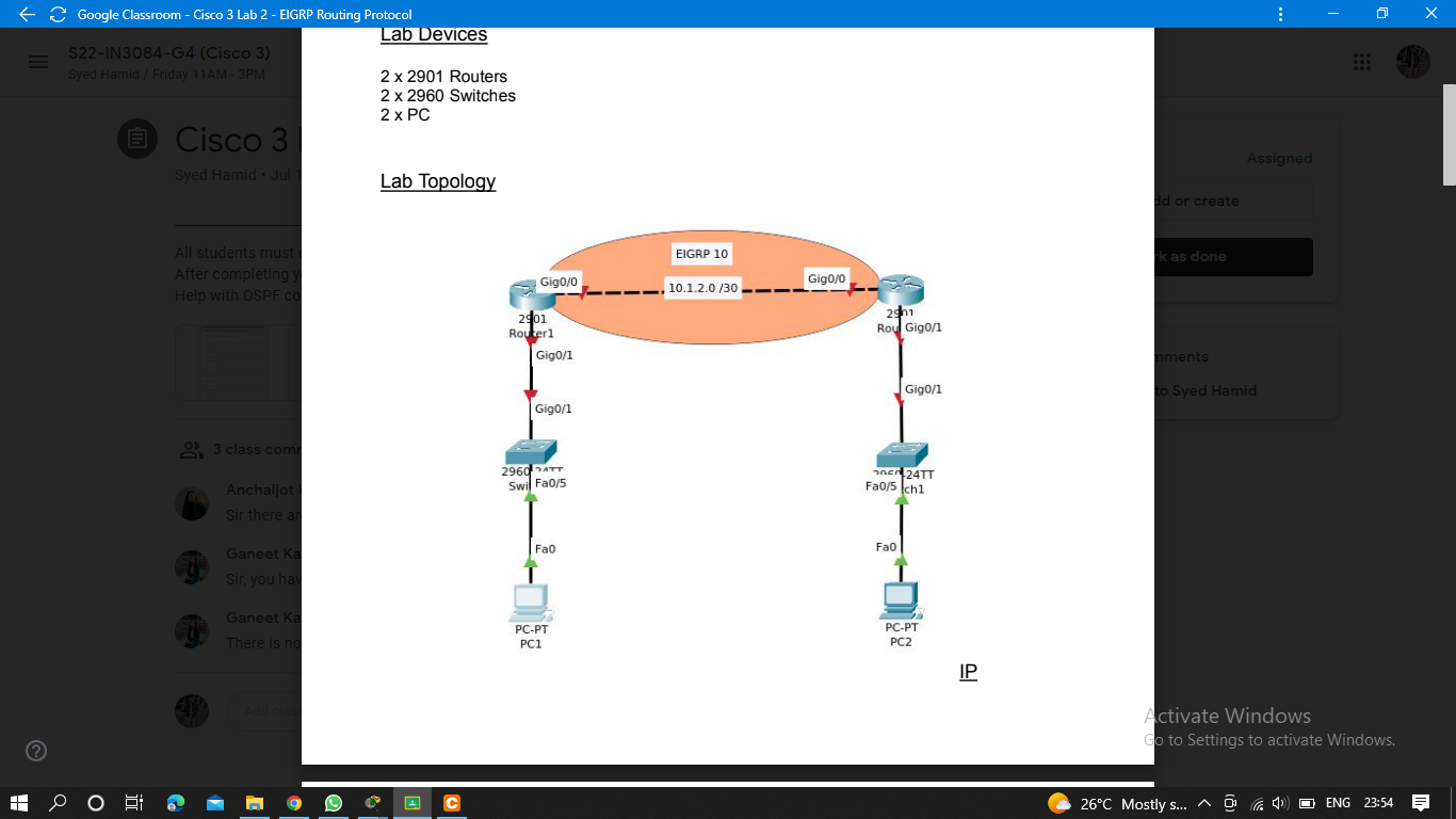 Solved Cisco Networking 3 – EIGRP Lab Dynamic Routing with | Chegg.com