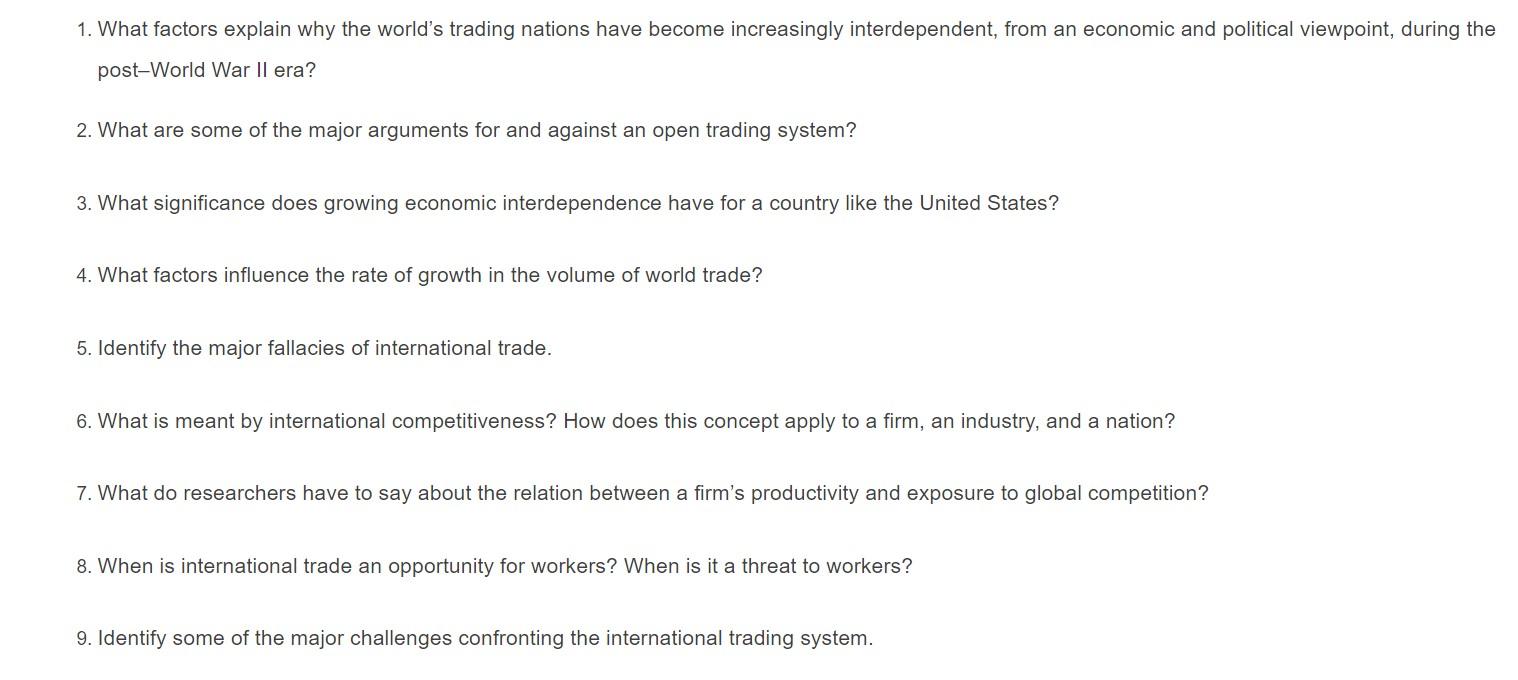 Solved 1. What factors explain why the world's trading | Chegg.com