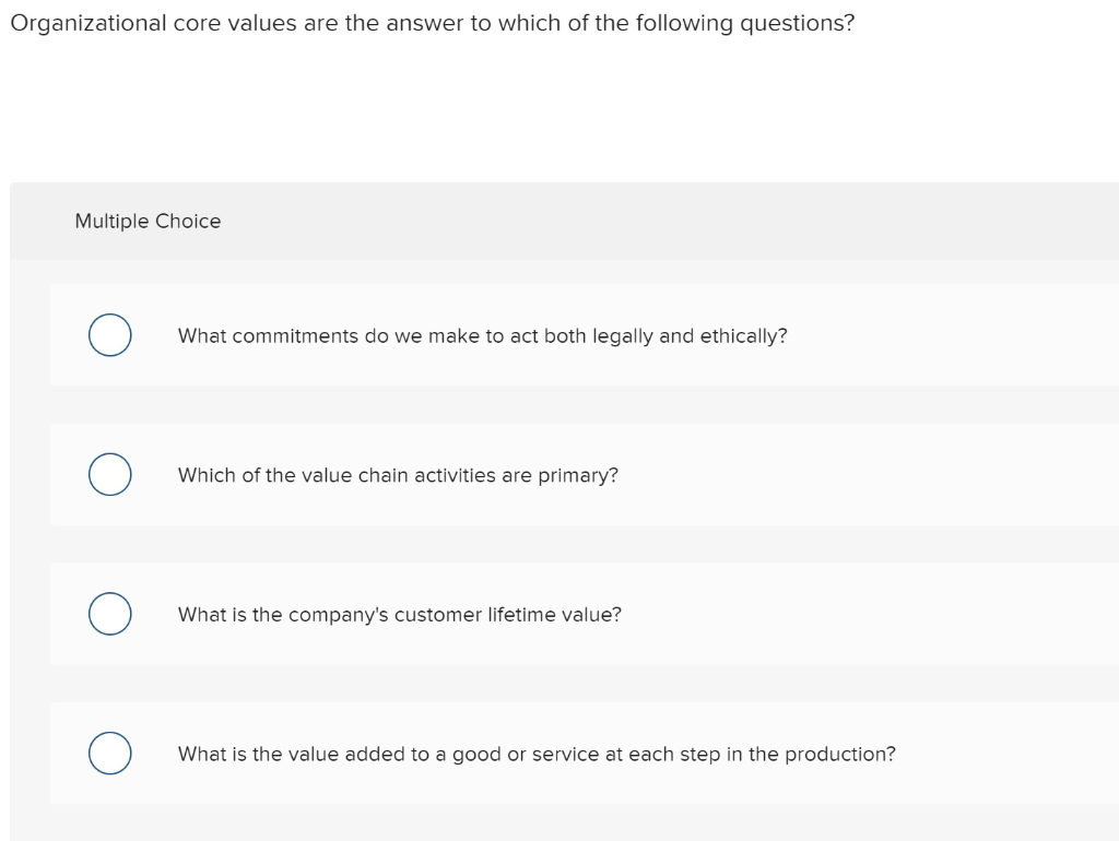 Solved Organizational core values are the answer to which of | Chegg.com