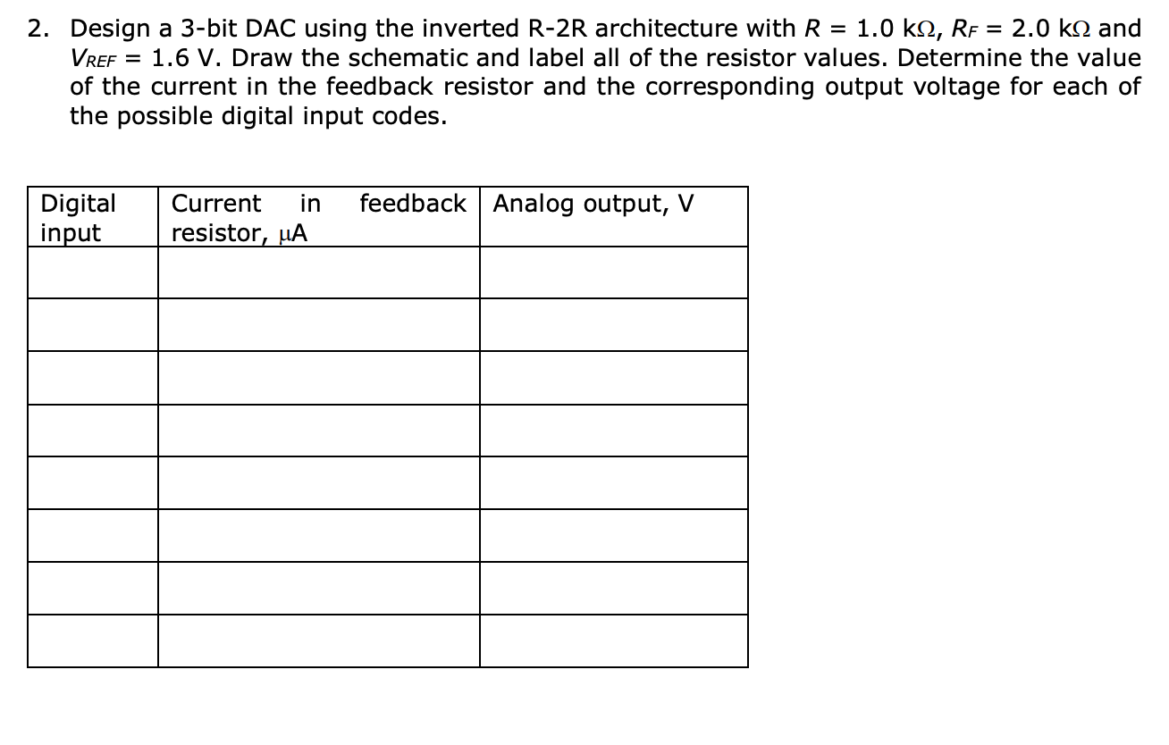 Solved 2. Design a 3-bit DAC using the inverted R-2R | Chegg.com
