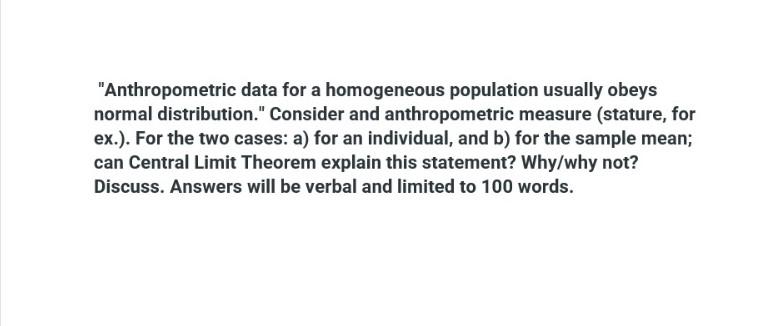"Anthropometric data for a homogeneous population | Chegg.com