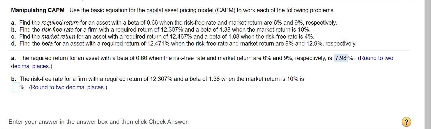 Solved Manipulating CAPM Use the basic equation for the | Chegg.com