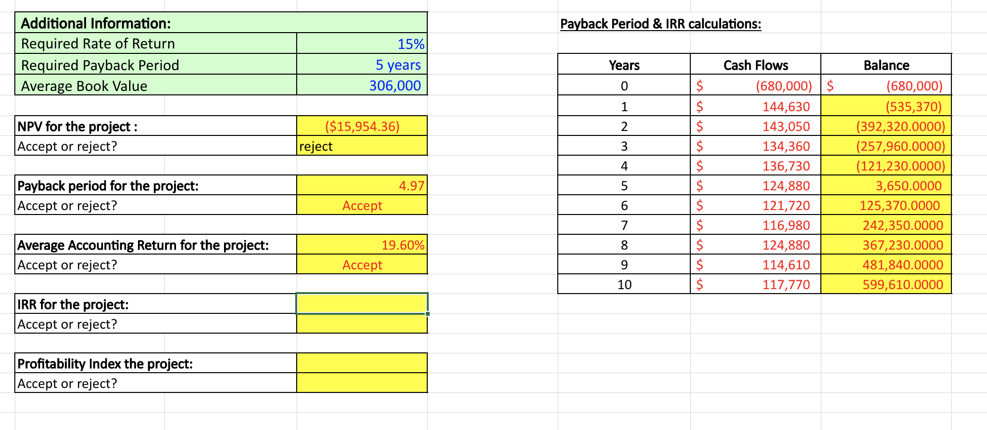 Payback Period \& IRR calculations: | Chegg.com