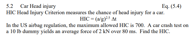 Solved 5.2 Car Head injury Eq. (5.4) HIC Head Injury | Chegg.com